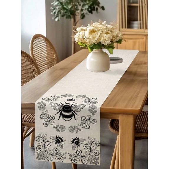 Burlap Table Runner 60 Inches Long, Bees Crowns Flower Rings on Linen ...