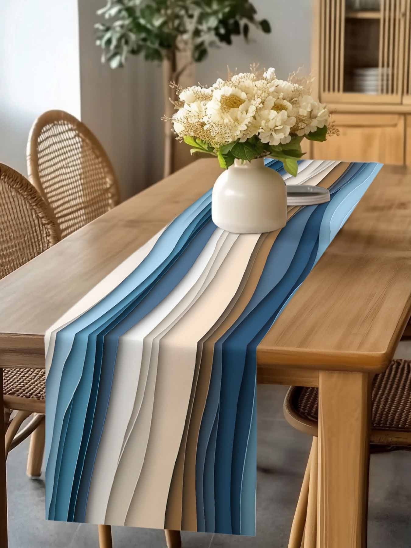 Burlap Table Runner 60 Inches Long, Beige Blue Brown Water Wave Non ...