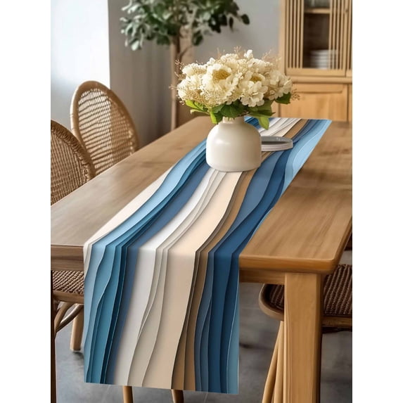 Burlap Table Runner 60 Inches Long, Beige Blue Brown Water Wave Non ...