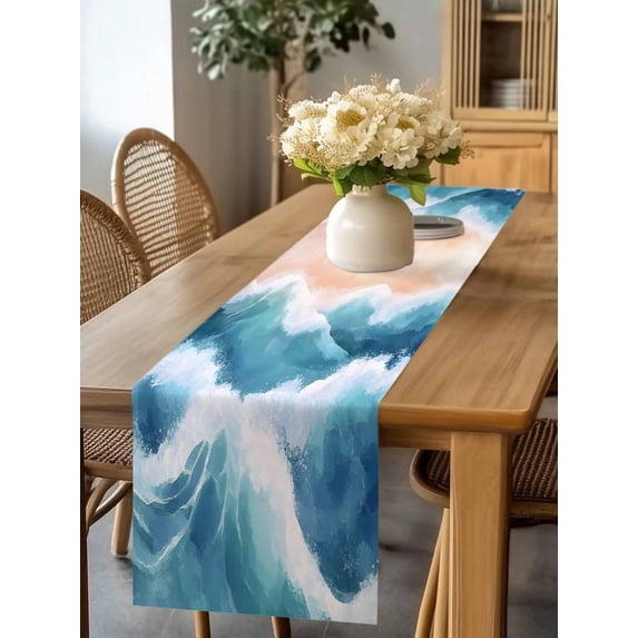 Burlap Table Runner 60 Inches Long, Blue Waves Summer Beach Non-Slip ...