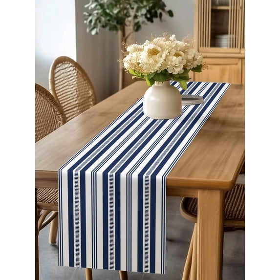 Burlap Table Runner 60 Inches Long, Coastal Navy Blue Geometric Line ...