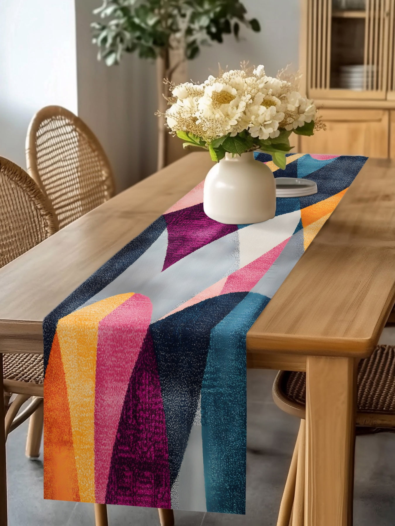 Burlap Table Runner 60 Inches Long, Colorful Abstract Geometric Texture ...