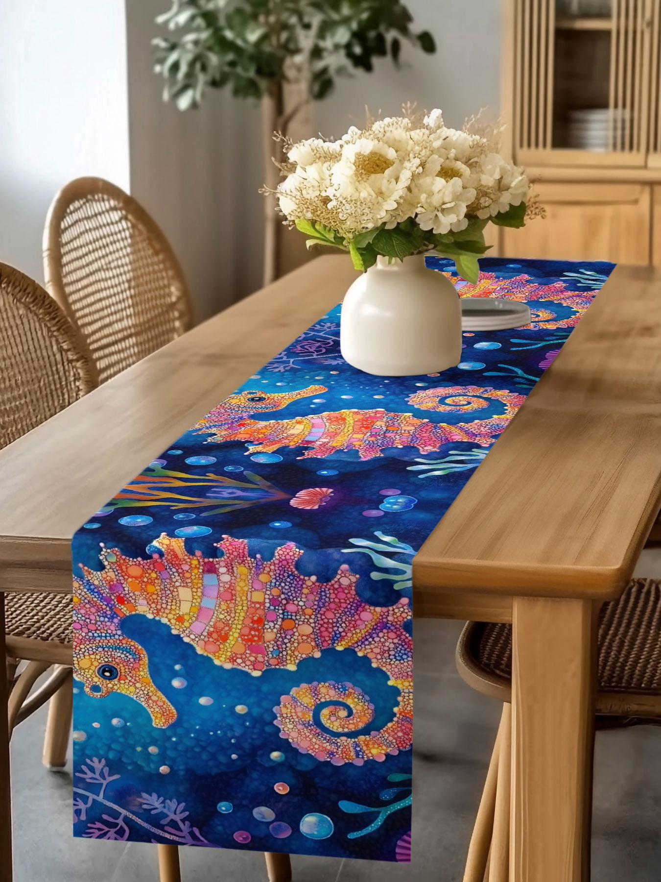 Burlap Table Runner 60 Inches Long, Colorful Seahorse Coral Shell Non ...