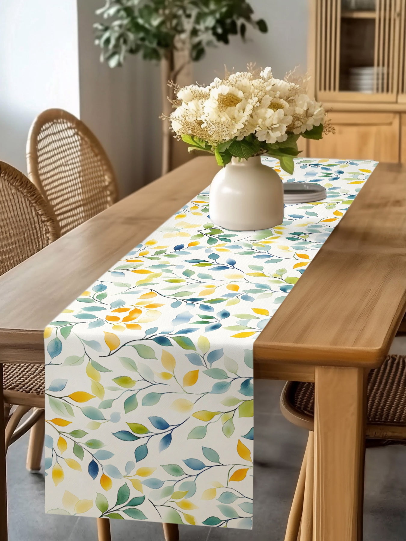 Burlap Table Runner 60 Inches Long, Country Colorful Leaf Watercolor ...