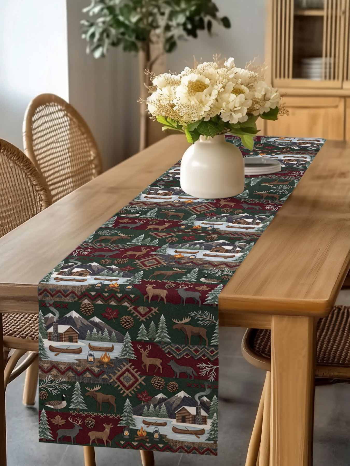 Burlap Table Runner 60 Inches Long, Country Deer Pine Tree Campfire Non ...