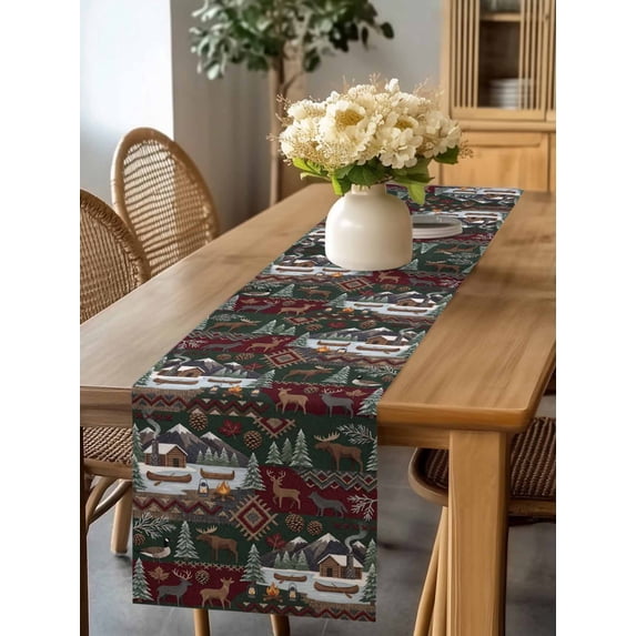 Burlap Table Runner 60 Inches Long, Country Deer Pine Tree Campfire Non ...