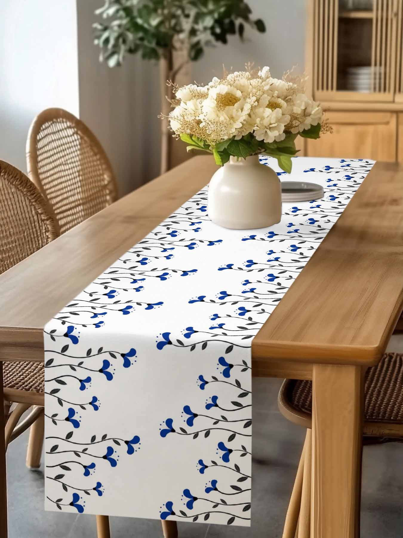 Burlap Table Runner 60 Inches Long, Country Navy Blue Flower Branch Non ...