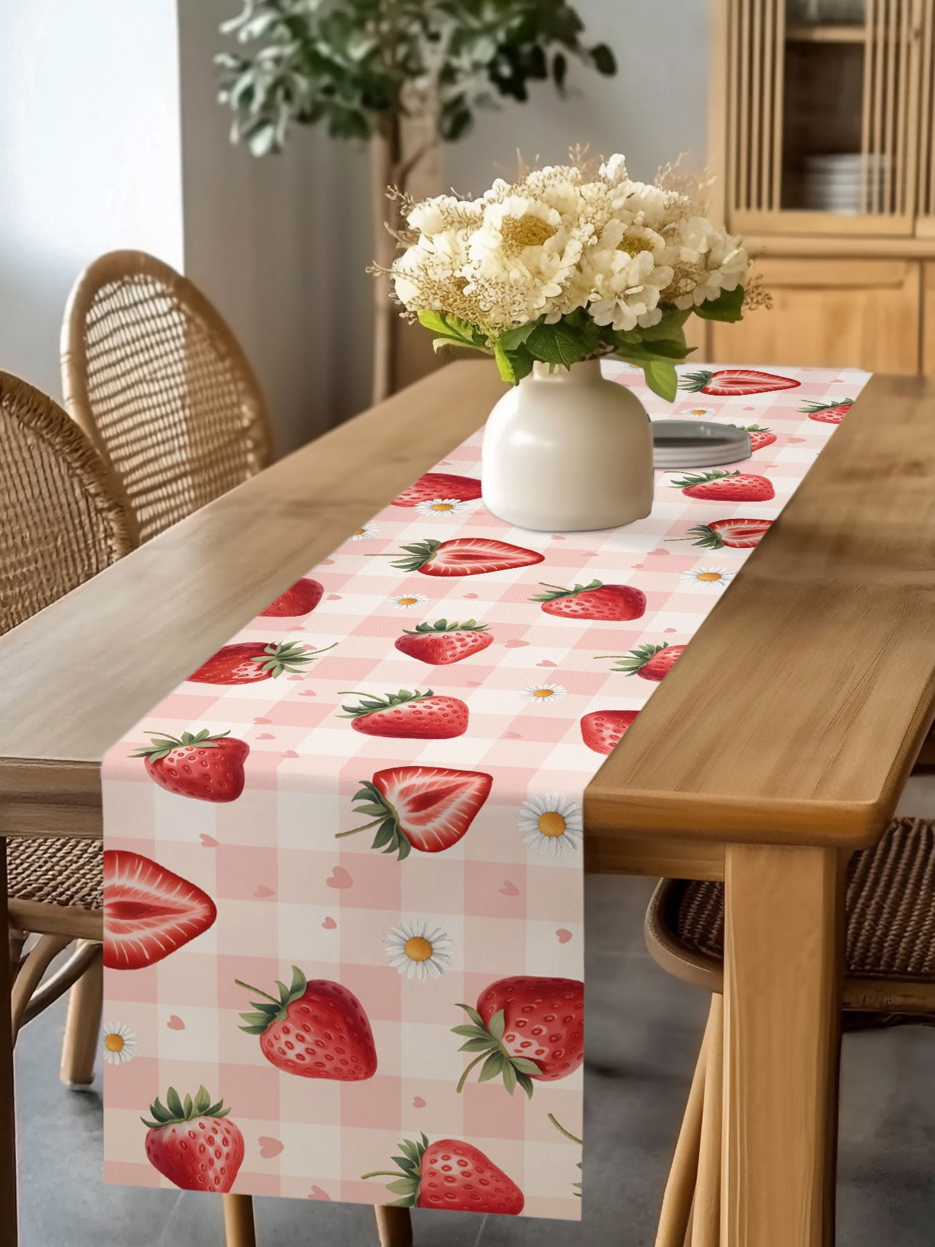 Burlap Table Runner 60 Inches Long, Country Strawberry Daisy Flower Non ...