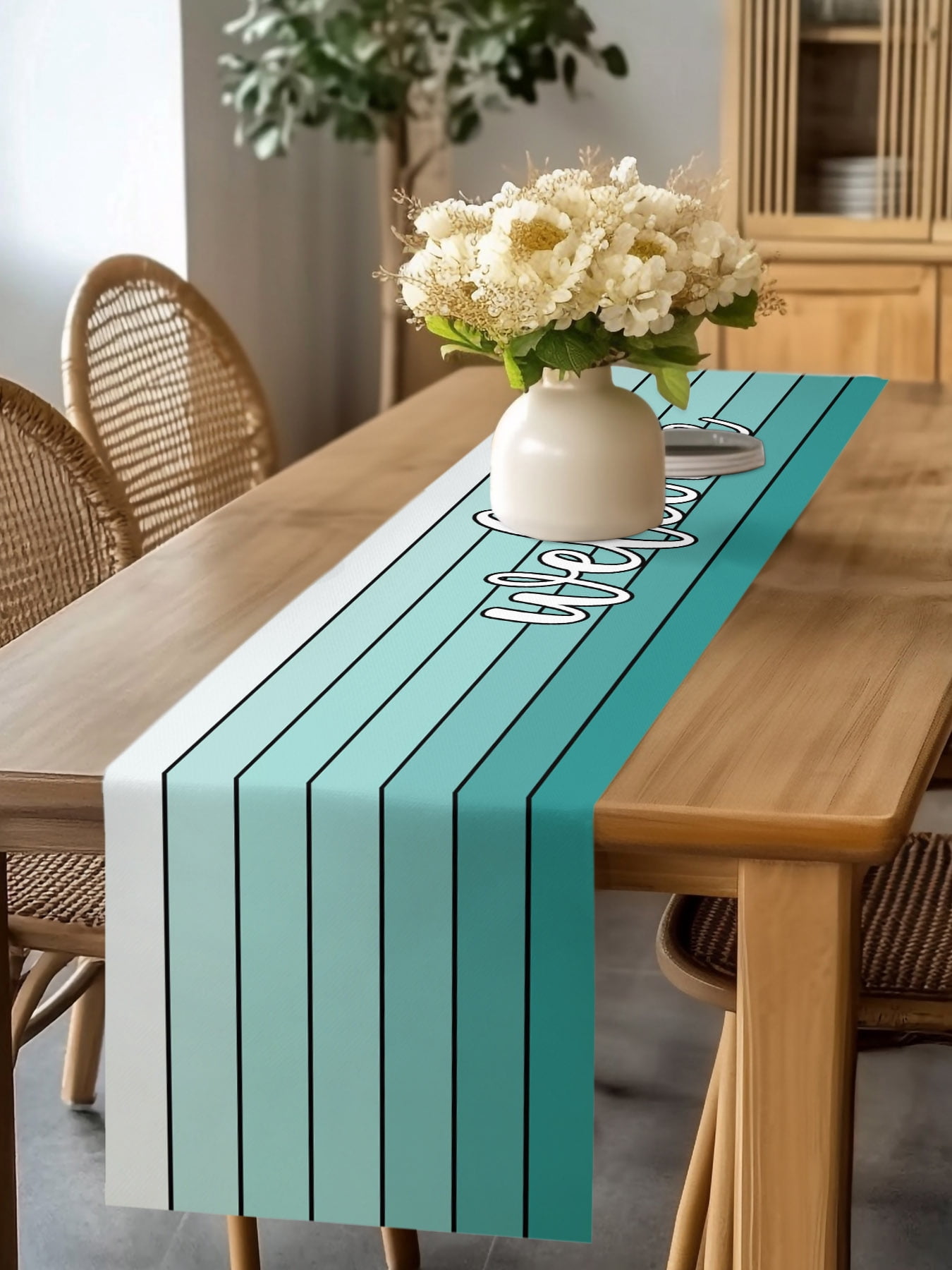 Burlap Table Runner 60 Inches Long, Country Teal Wood Plank Non-Slip ...