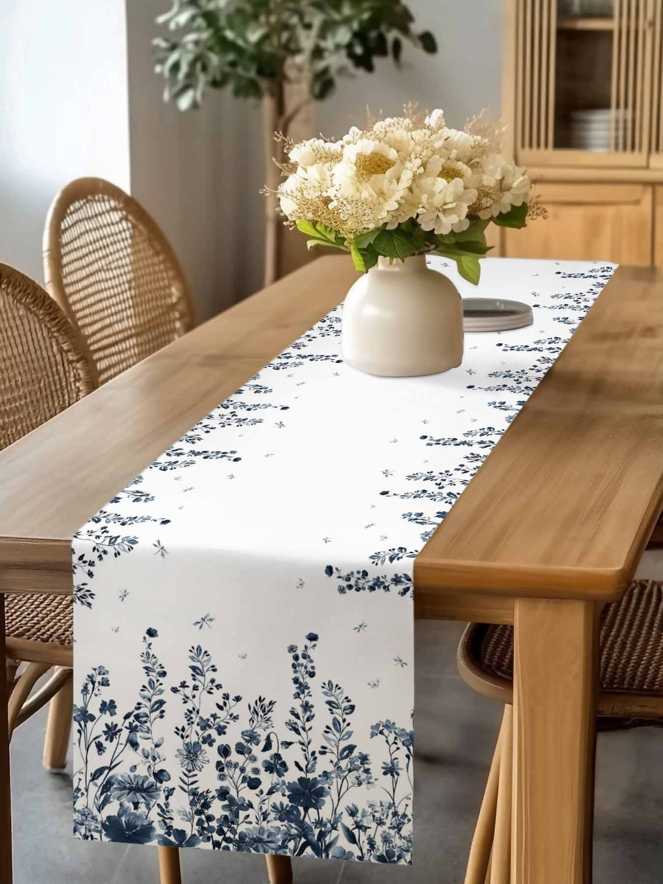 Burlap Table Runner 60 Inches Long, Farm Blue Ink Style Flowers Non ...