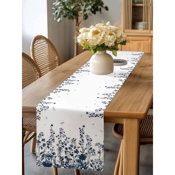 Burlap Table Runner 60 Inches Long, Farm Blue Ink Style Flowers Non ...