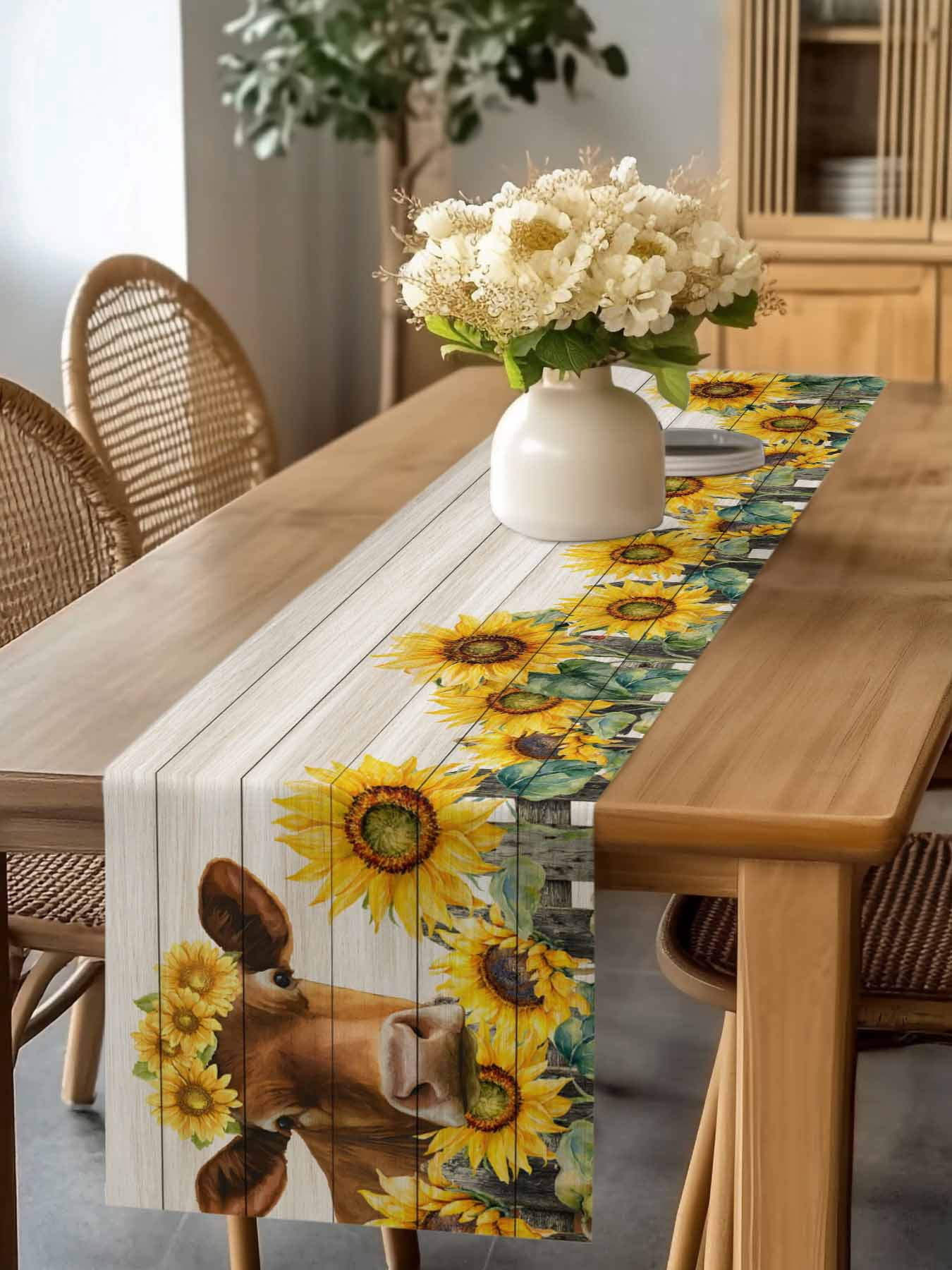 Burlap Table Runner 60 Inches Long, Farm Cow Sunflower Wood Fence Non ...