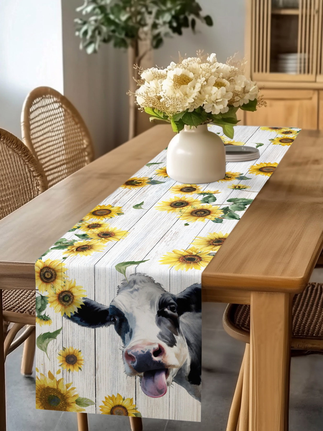 Burlap Table Runner 60 Inches Long, Farm Cow Wood Plank Non-Slip ...