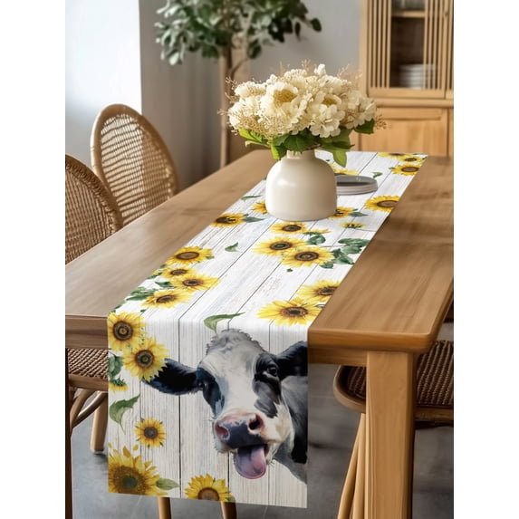 Burlap Table Runner 60 Inches Long, Farm Cow Wood Plank Non-Slip ...