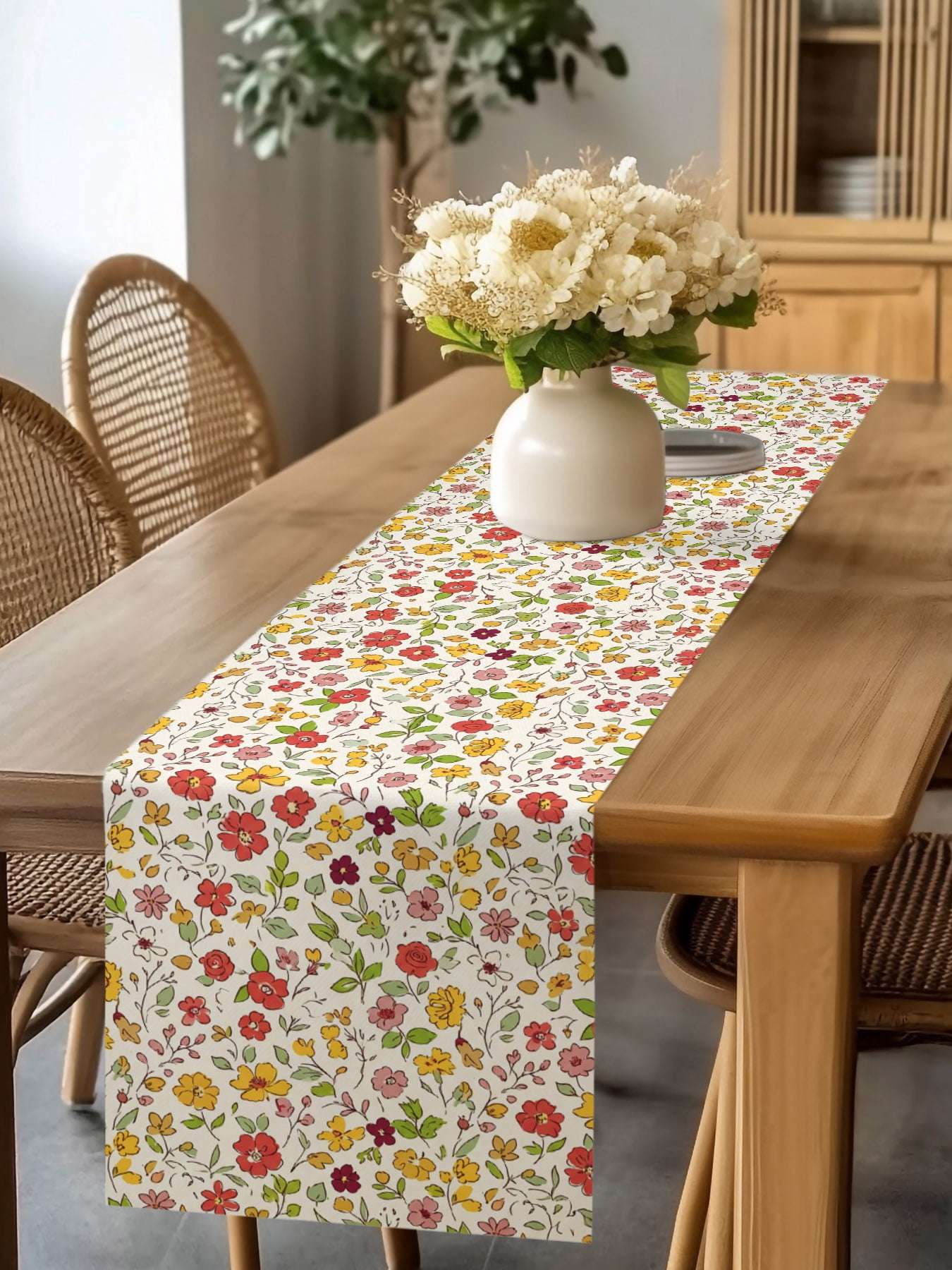 Burlap Table Runner 60 Inches Long, Farm Watercolor Red Yellow Flowers ...