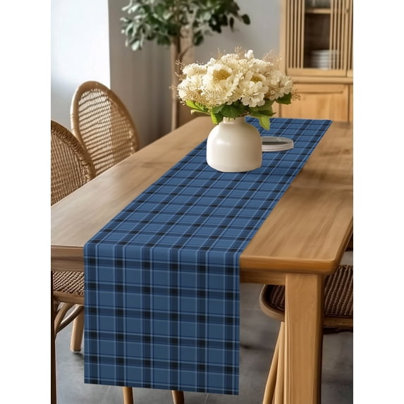 Burlap Table Runner 60 Inches Long, Farmhouse Navy Blue Plaid Non-Slip ...