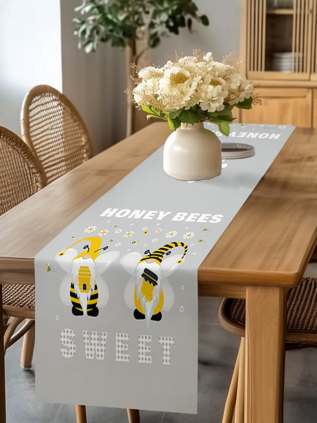 Burlap Table Runner 60 Inches Long, Gnomes Honey Bees Daisy Flower Non ...