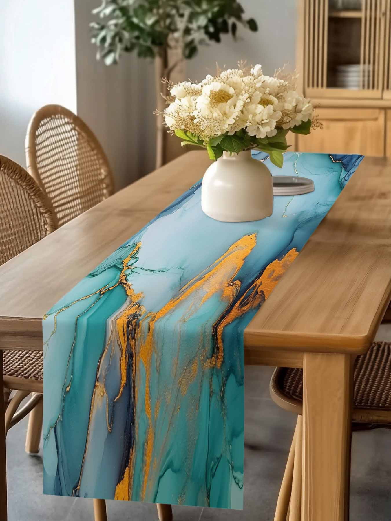 Burlap Table Runner 60 Inches Long, Gold Lines Turquoise Marble Texture ...