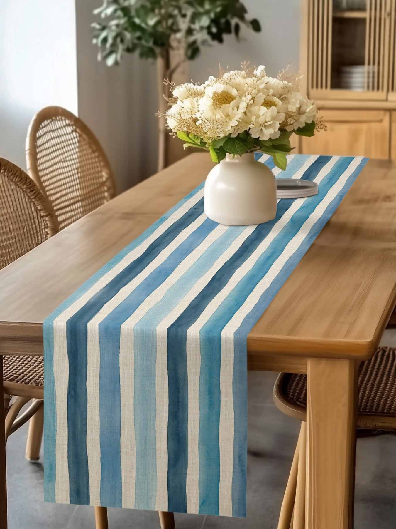 Burlap Table Runner 60 Inches Long, Gradient Blue Stripes Farmhouse Non ...