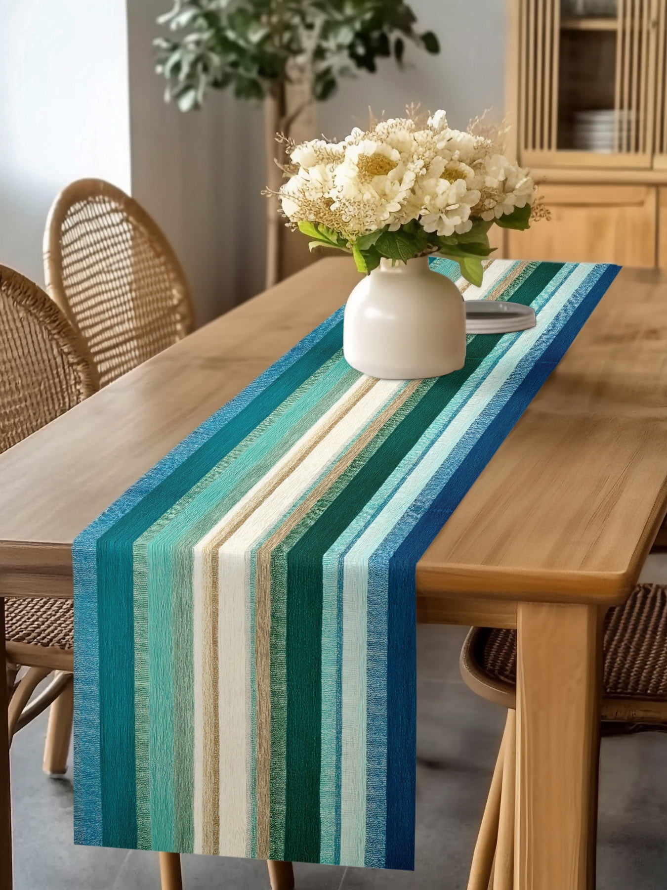 Burlap Table Runner 60 Inches Long, Green Blue Gradient Lines Non-Slip ...