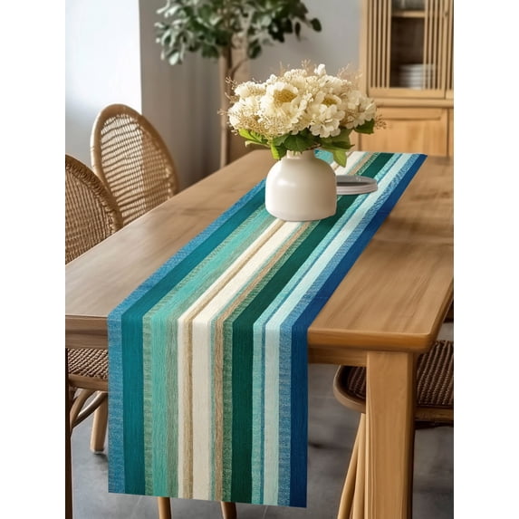 Burlap Table Runner 60 Inches Long, Green Blue Gradient Lines Non-Slip ...