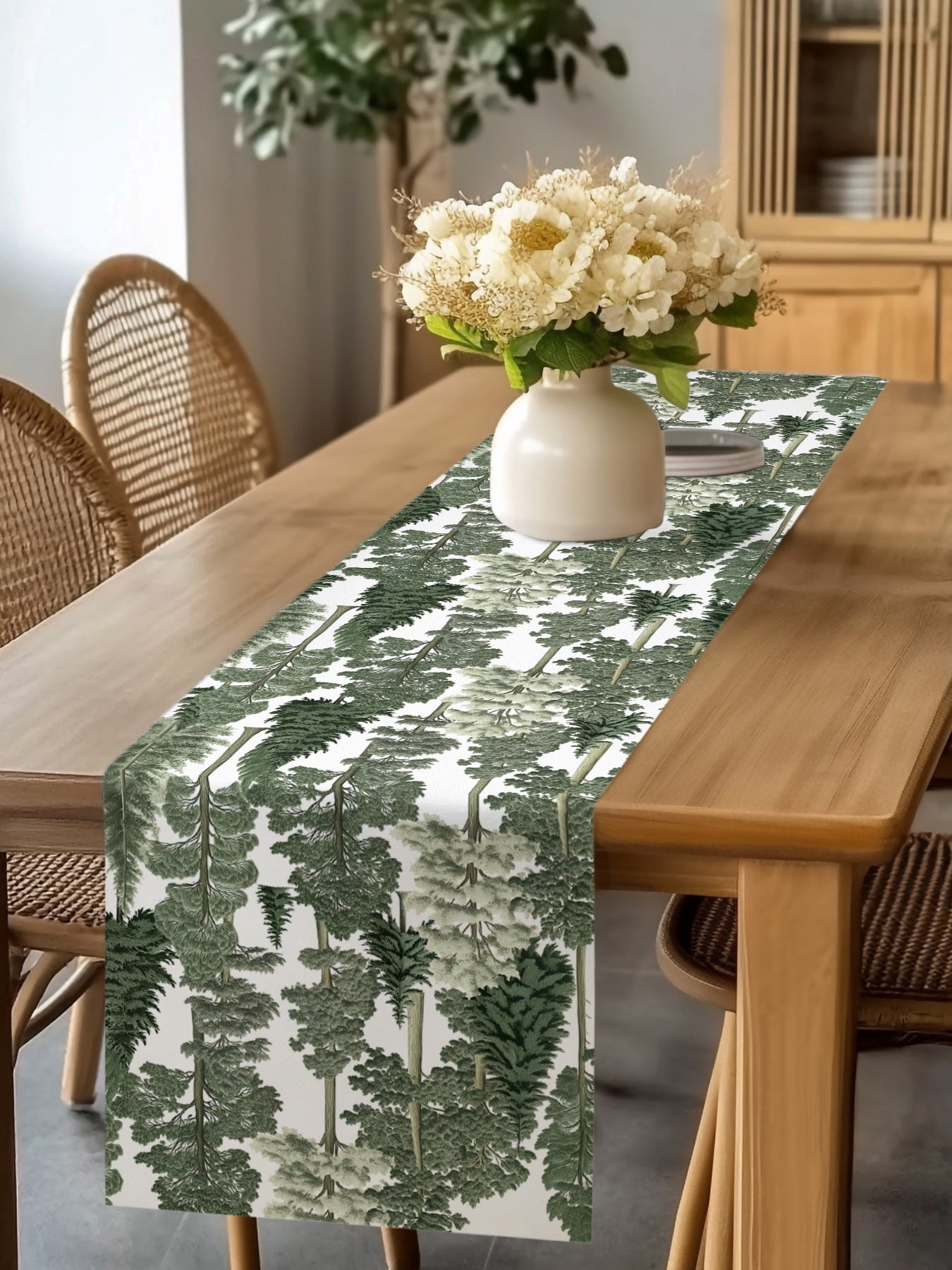 Burlap Table Runner 60 Inches Long, Green Pine Tree Watercolor Plant ...
