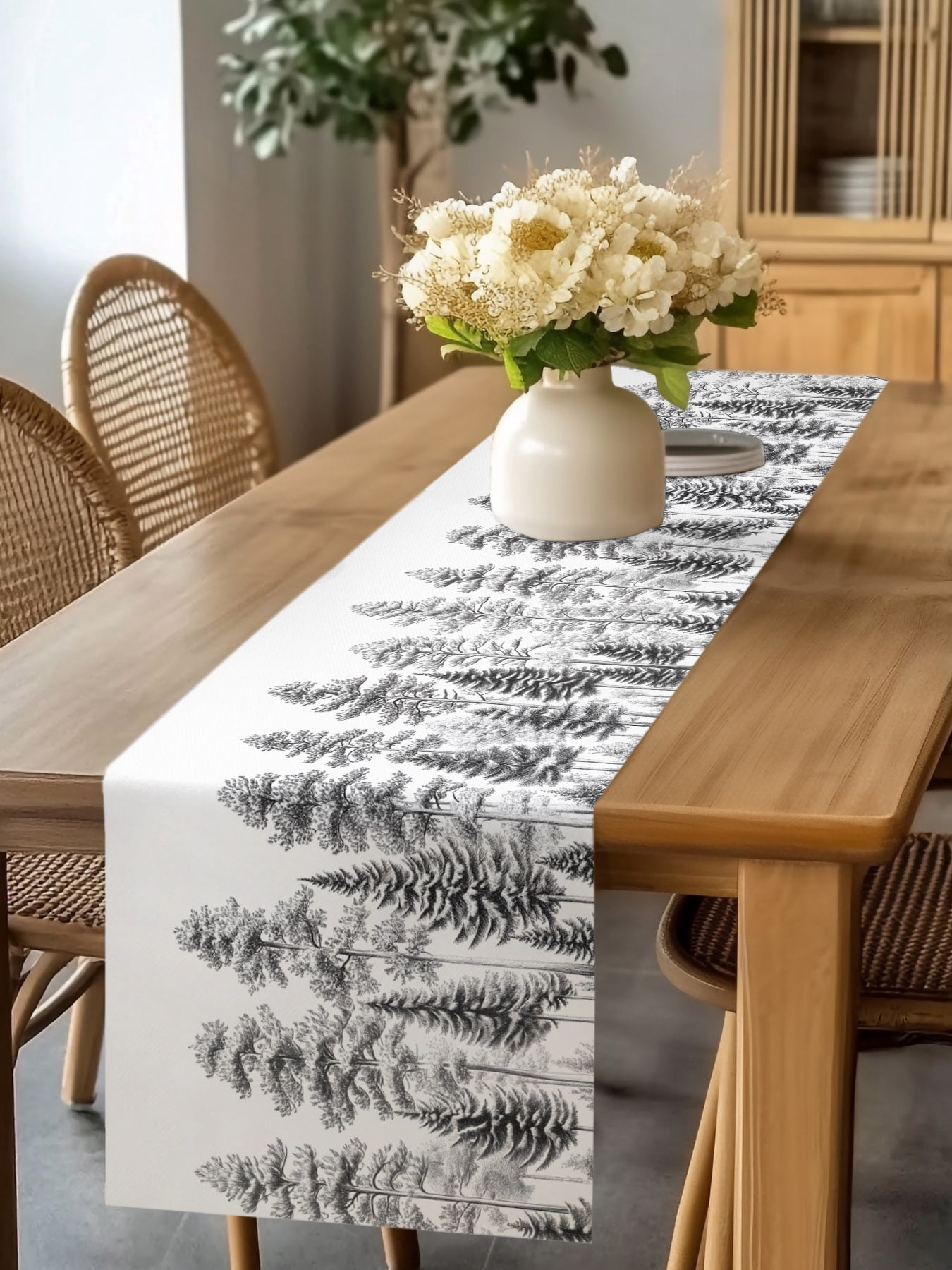 Burlap Table Runner 60 Inches Long, Grey Rainforest Leaves Branches ...