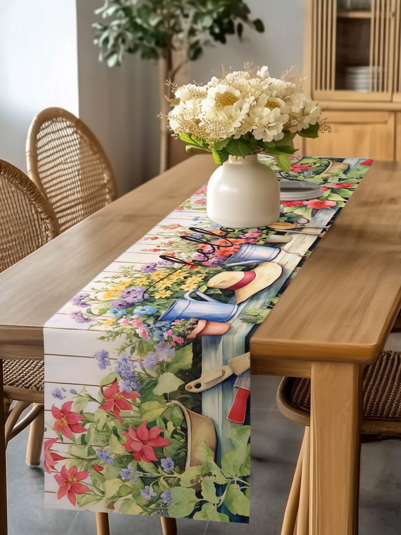 Burlap Table Runner 60 Inches Long, Hello Spring Farm Blossom Flower ...