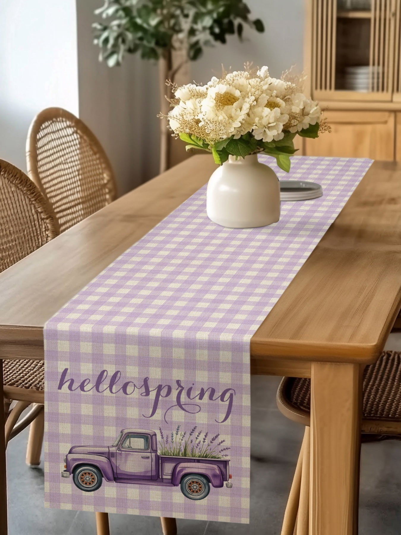 Burlap Table Runner 60 Inches Long, Hello Spring Purple Farm Truck ...