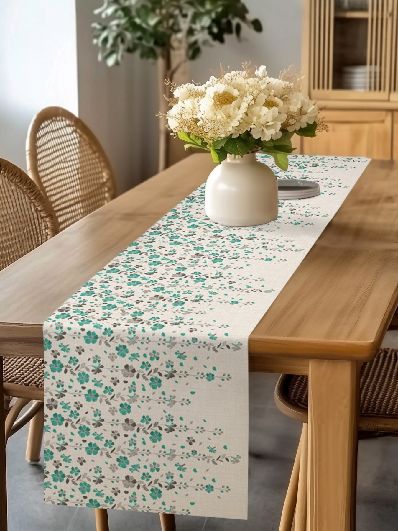 Burlap Table Runner 60 Inches Long, Idyllic Farm Teal Grey Flower ...