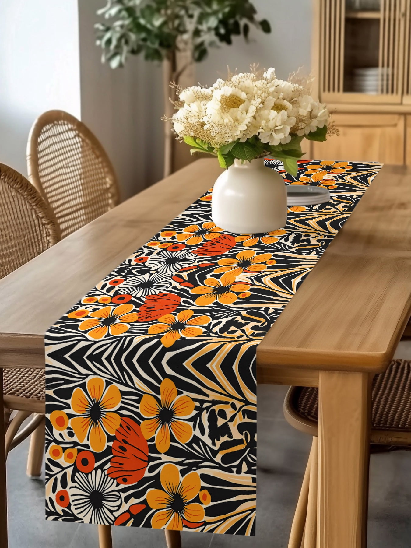 Burlap Table Runner 60 Inches Long, Impressionism Style Flowers Non ...