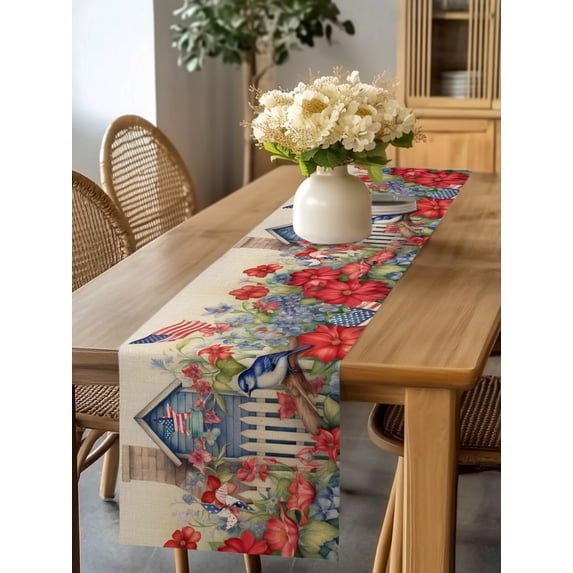 Burlap Table Runner 60 Inches Long, Independence Day Farm Bird Flower ...