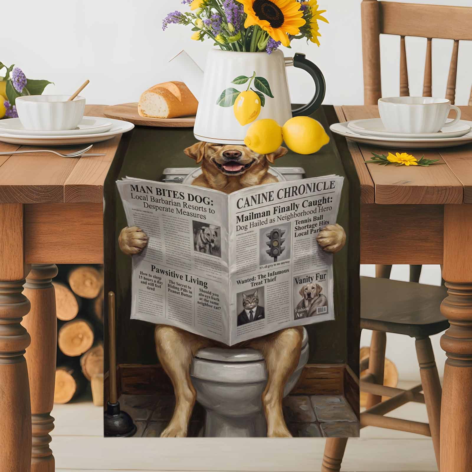 Burlap Table Runner 60 Inches Long, Labrador Toilet Reading Newspaper ...