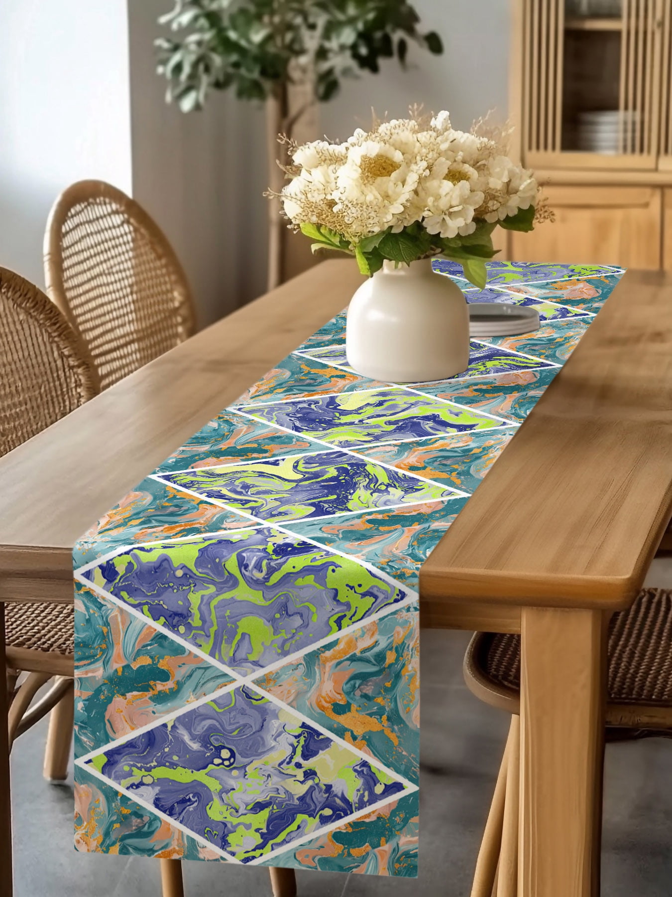 Burlap Table Runner 60 Inches Long, Marble Texture Colorful Liquid Wave ...