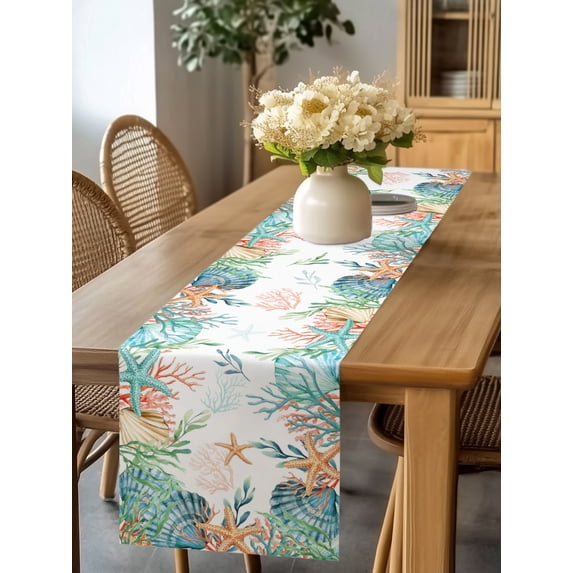 Burlap Table Runner 60 Inches Long, Marine Coral Shell Starfish Non ...