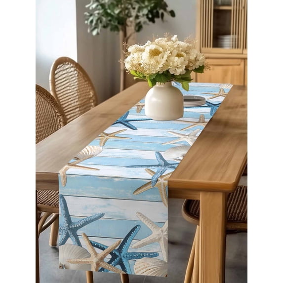 Burlap Table Runner 60 Inches Long, Marine Starfish Shell on Wood Grain ...