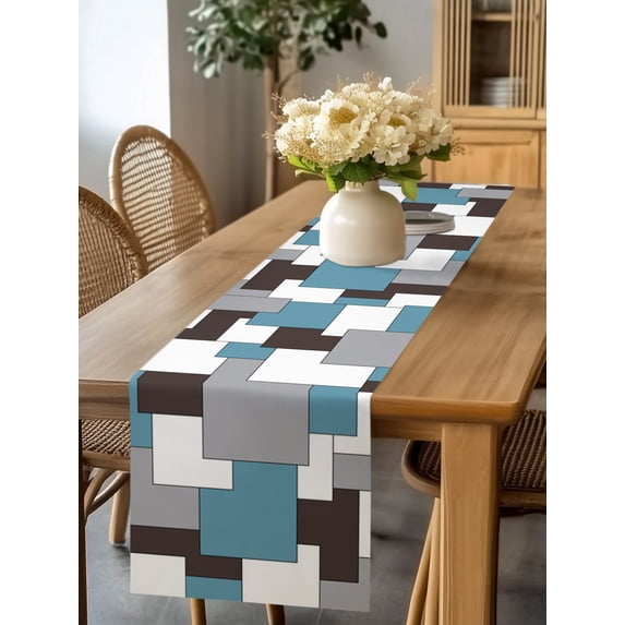 Burlap Table Runner 60 Inches Long, Mid-Century Abstract Blue Grey Non ...