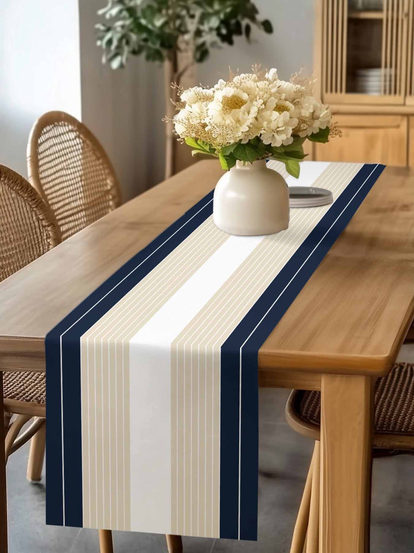 Burlap Table Runner 60 Inches Long, Modern Navy Blue Khaki Stripe Non ...