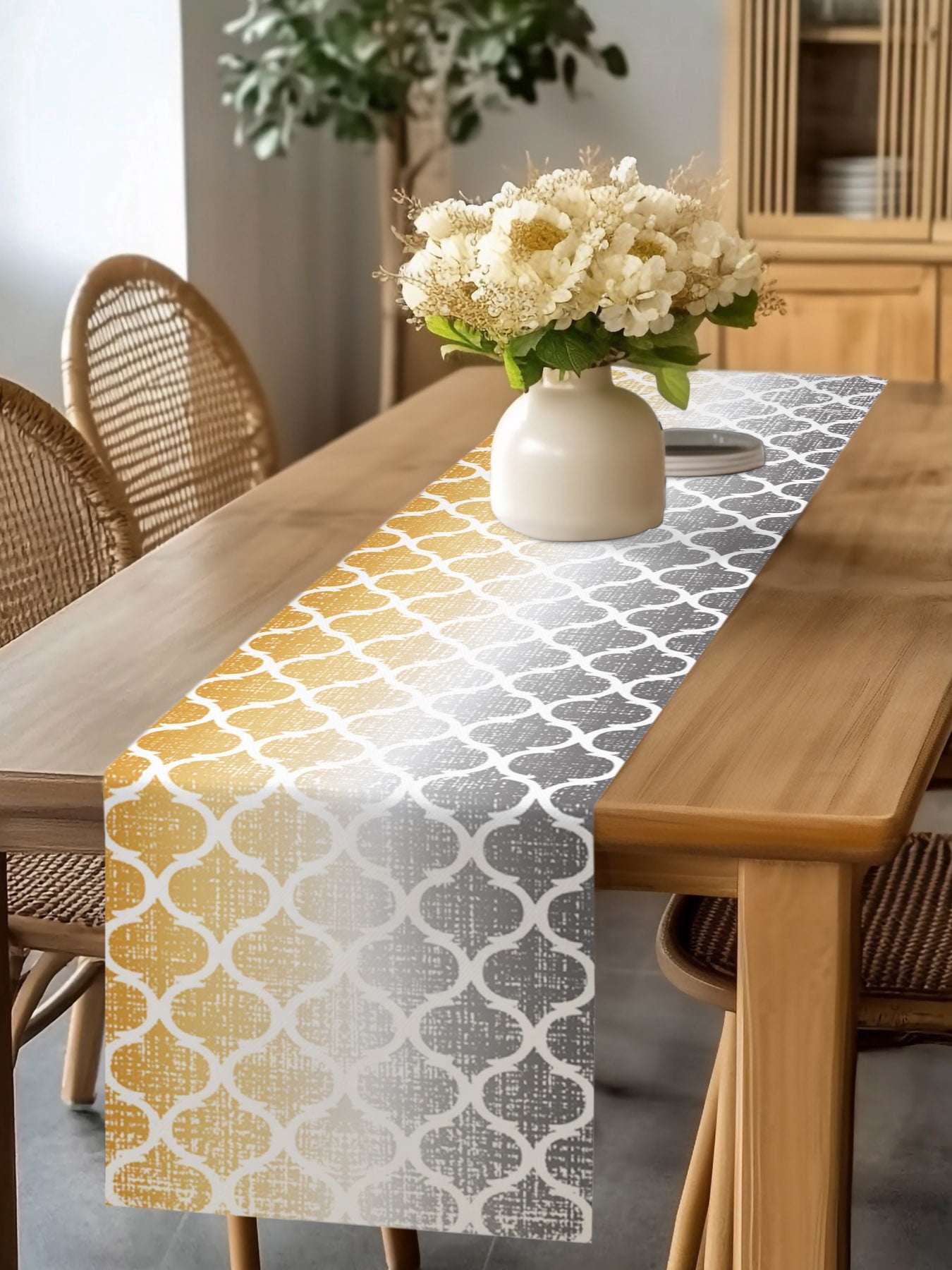 Burlap Table Runner 60 Inches Long, Morocco Pattern Ombre Yellow Grey ...