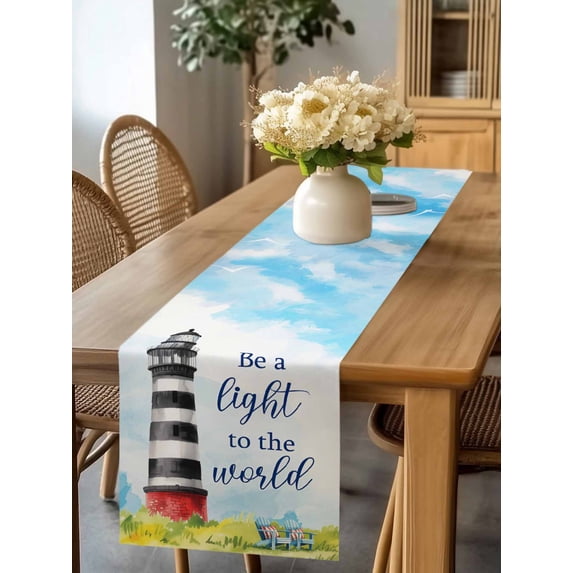 Burlap Table Runner 60 Inches Long, Nautical Lighthouse Blue Sky Cloud ...