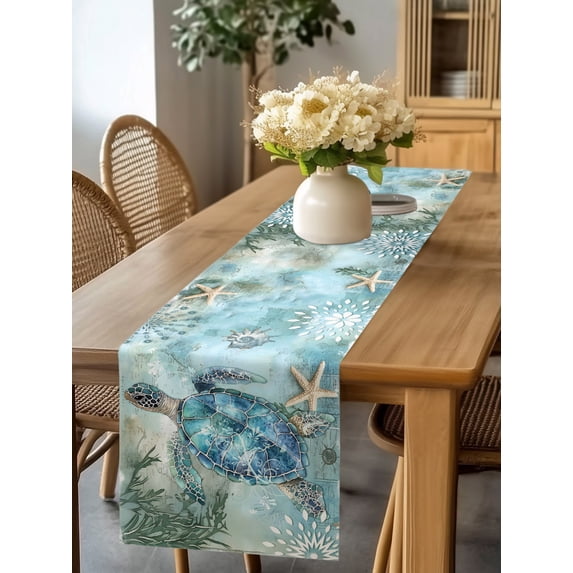 Burlap Table Runner 60 Inches Long, Nautical Retro Sea Turtle Starfish ...