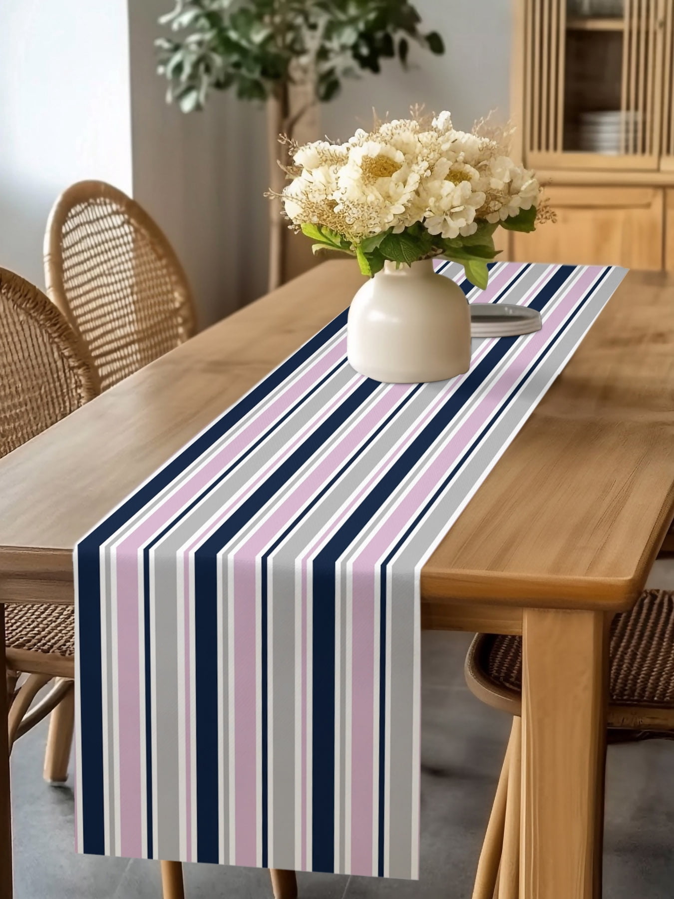 Burlap Table Runner 60 Inches Long, Navy Blue Gray Pnik Stripes Line ...