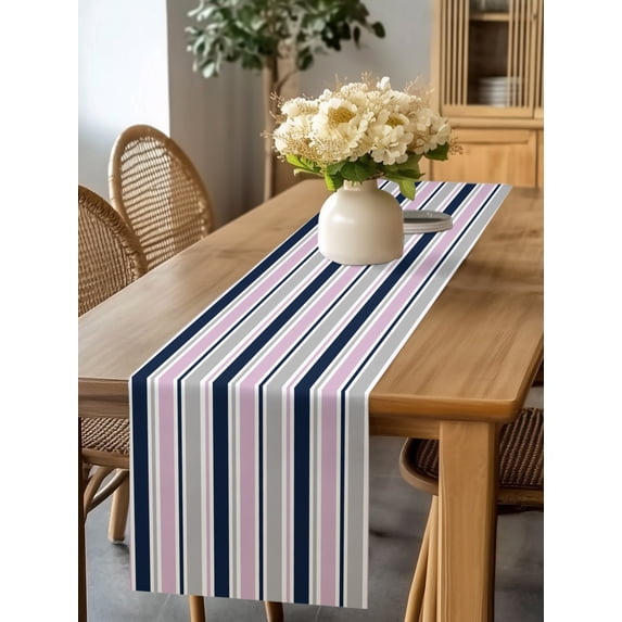 Burlap Table Runner 60 Inches Long, Navy Blue Gray Pnik Stripes Line ...