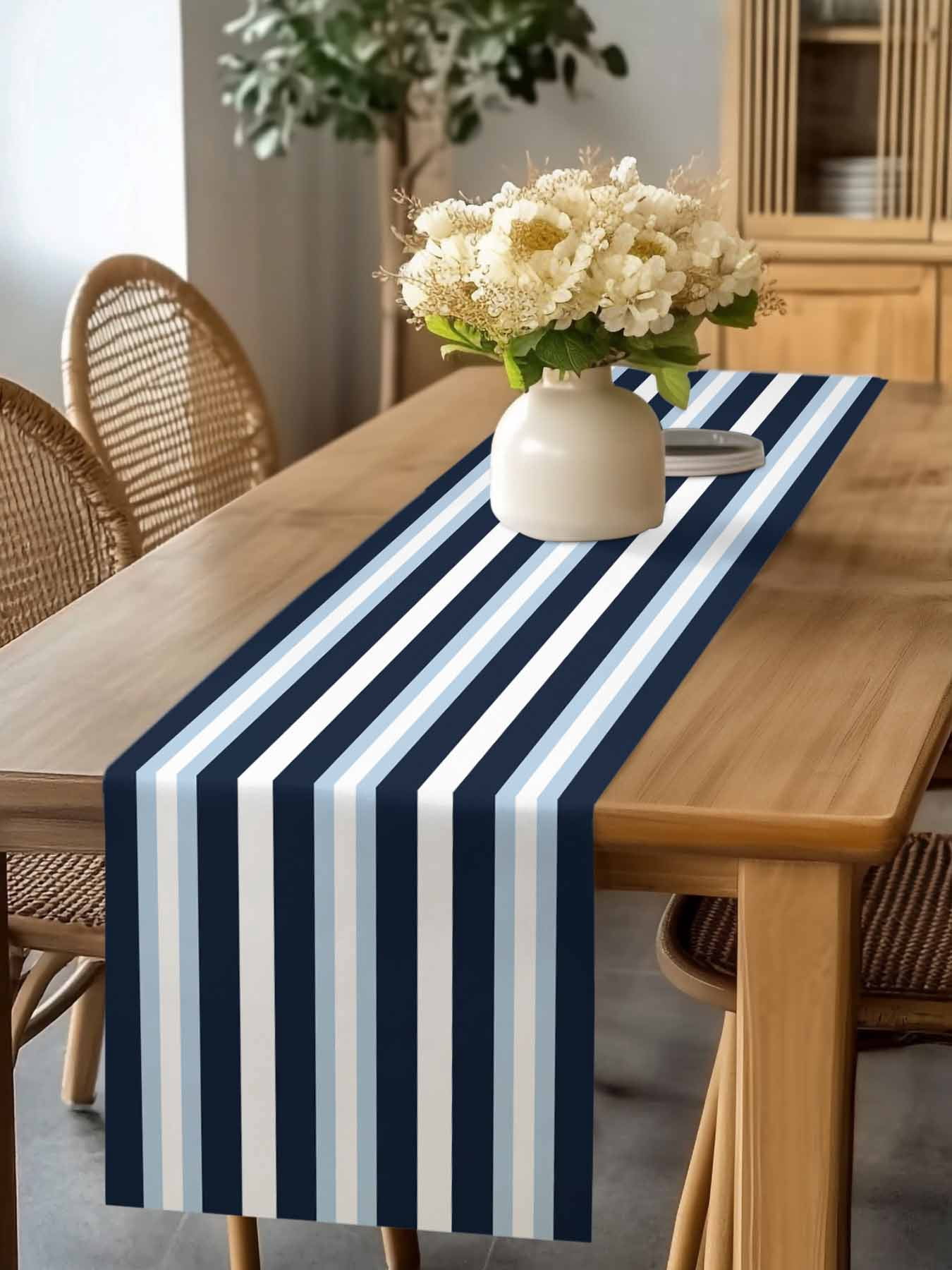 Burlap Table Runner 60 Inches Long, Navy Blue Light Blue Striped Art ...