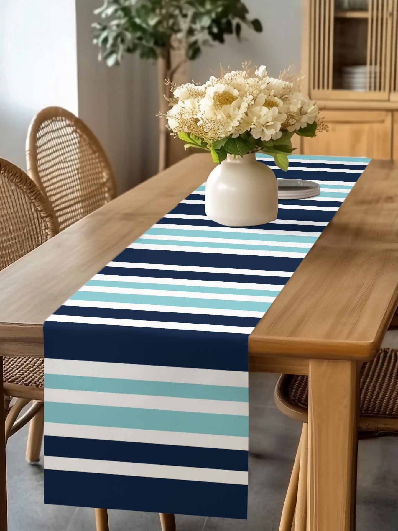 Burlap Table Runner 60 Inches Long, Navy Blue Turquoise Striped Non ...