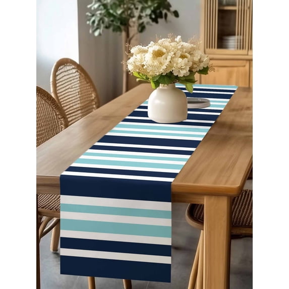 Burlap Table Runner 60 Inches Long, Navy Blue Turquoise Striped Non ...