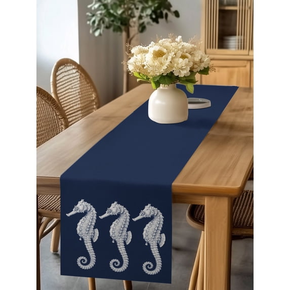 Burlap Table Runner 60 Inches Long, Ocean Life Seahorse Navy Blue Non ...