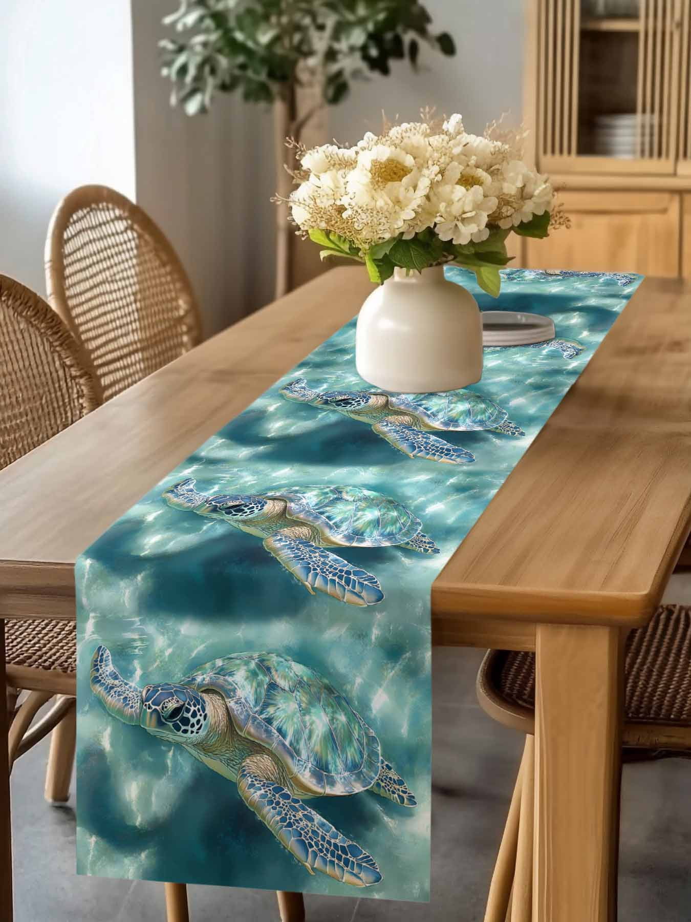 Burlap Table Runner 60 Inches Long, Ocean Teal Blue Sea Turtle Non-Slip ...