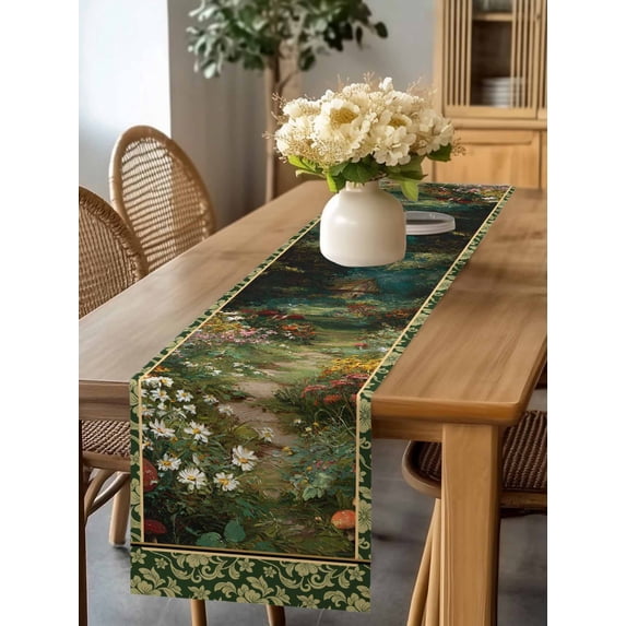 Burlap Table Runner 60 Inches Long, Paintings Style Forests Flowers Non ...