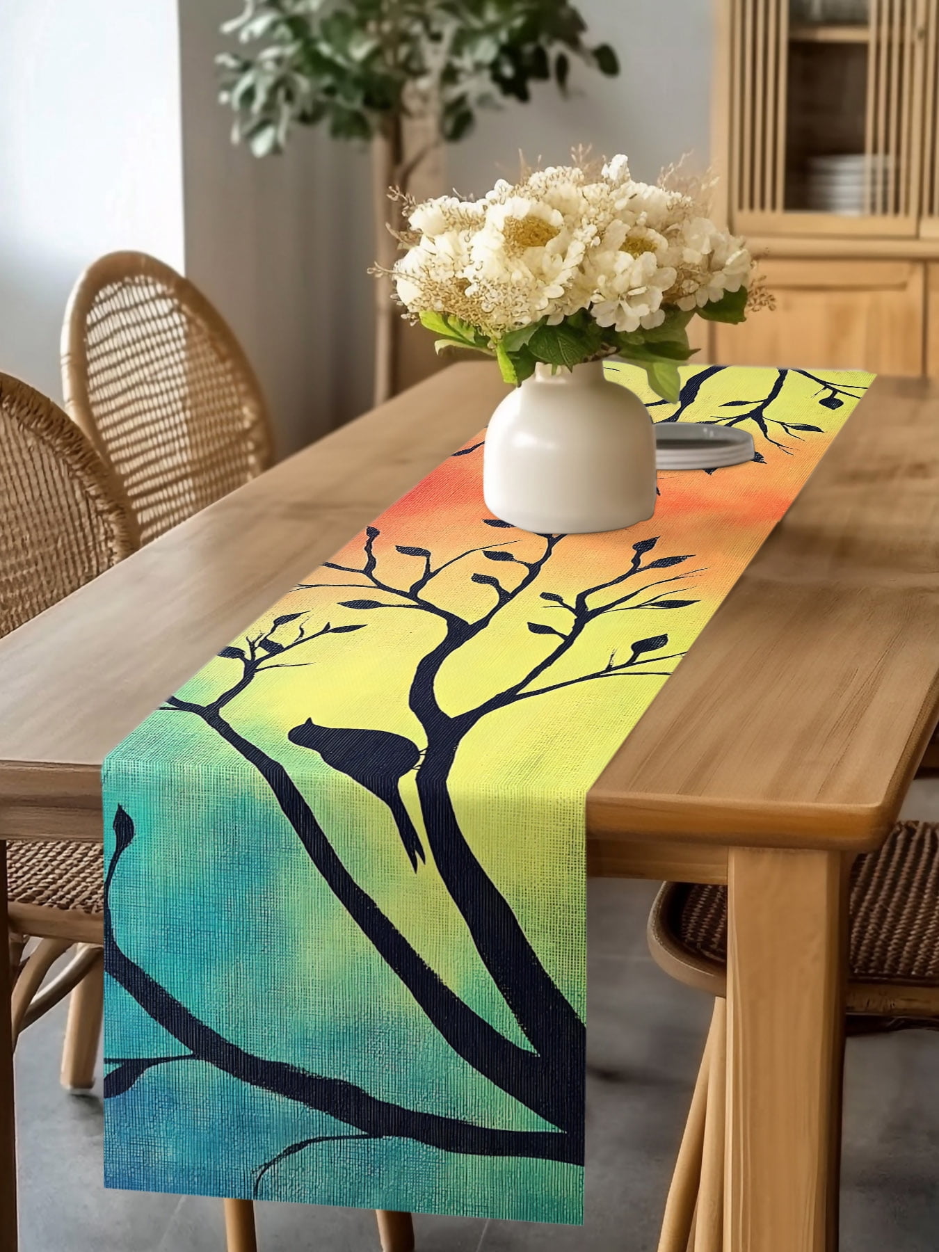 Burlap Table Runner 60 Inches Long, Pastoral Bird on Colorful Texture ...